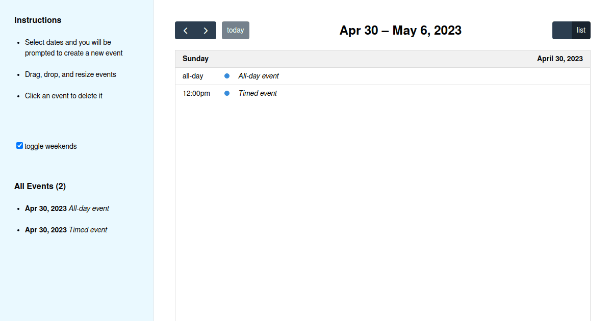 Fullcalendar List Codesandbox