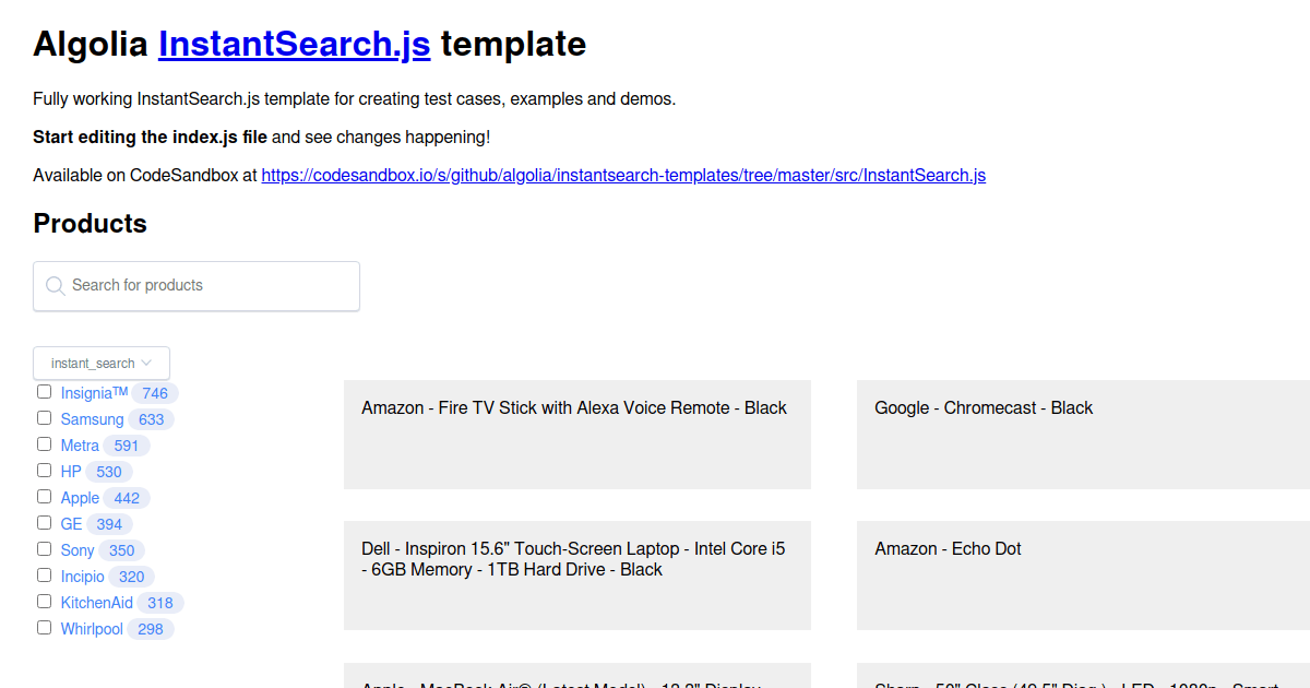 InstantSearch.js - Codesandbox
