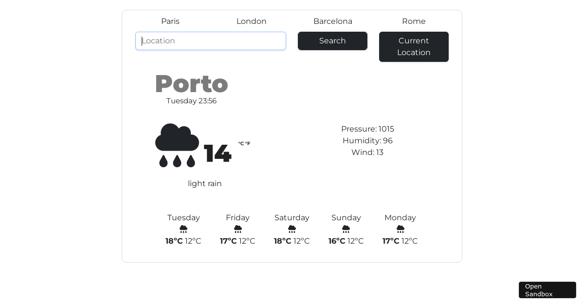 SheCodes Plus Homework Weather API Search Bar - Codesandbox