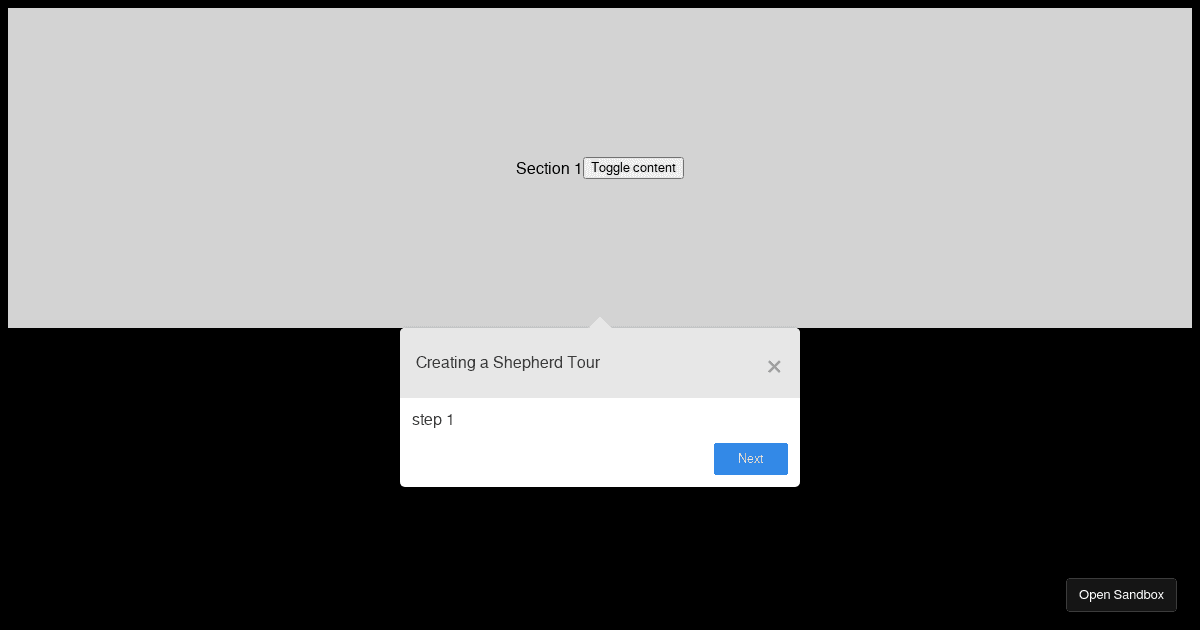 SheperdJS - Programmatically trigger events before step load - Codesandbox