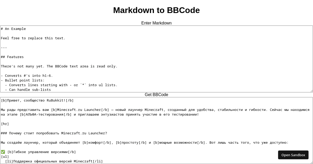 Markdown to BBCode (forked) - Codesandbox
