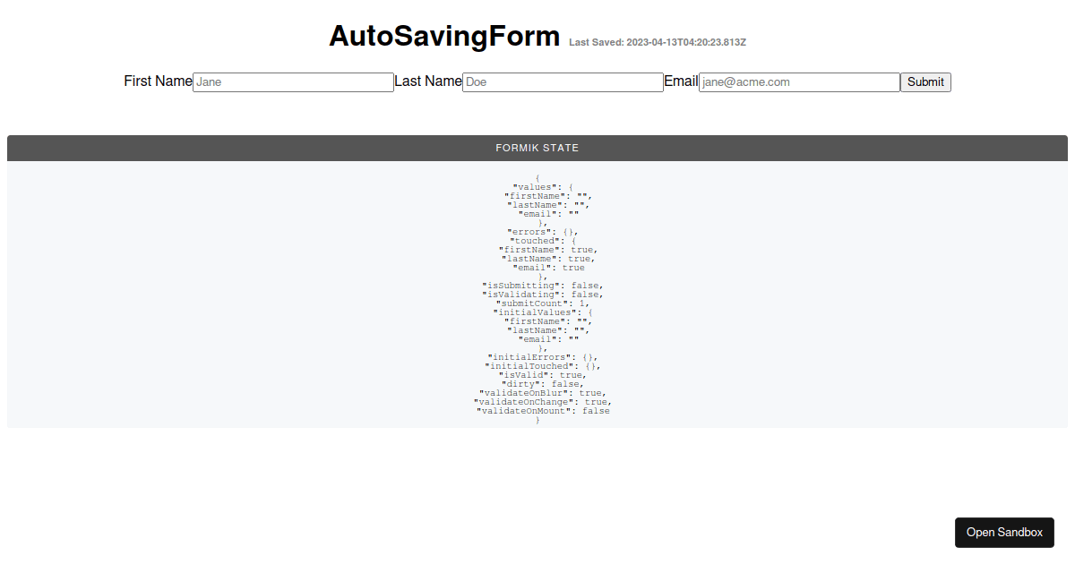 Formik AutoSave example - Codesandbox