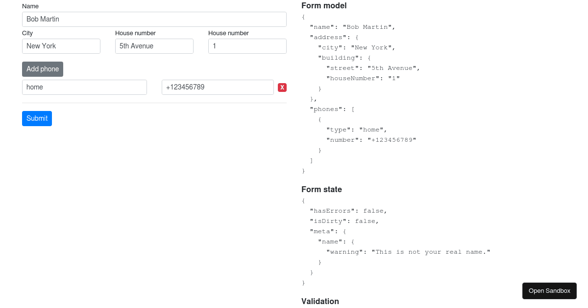 Typescript mobx form state library usage example. - Codesandbox
