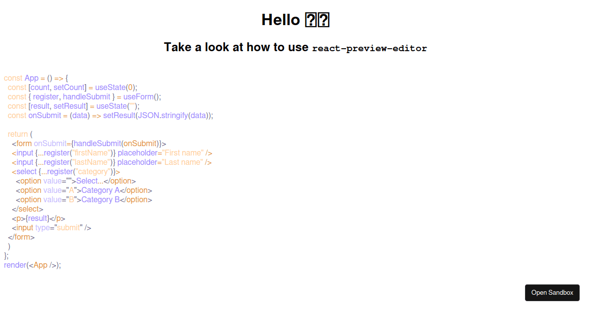 React Preview Editor Example (forked) - Codesandbox