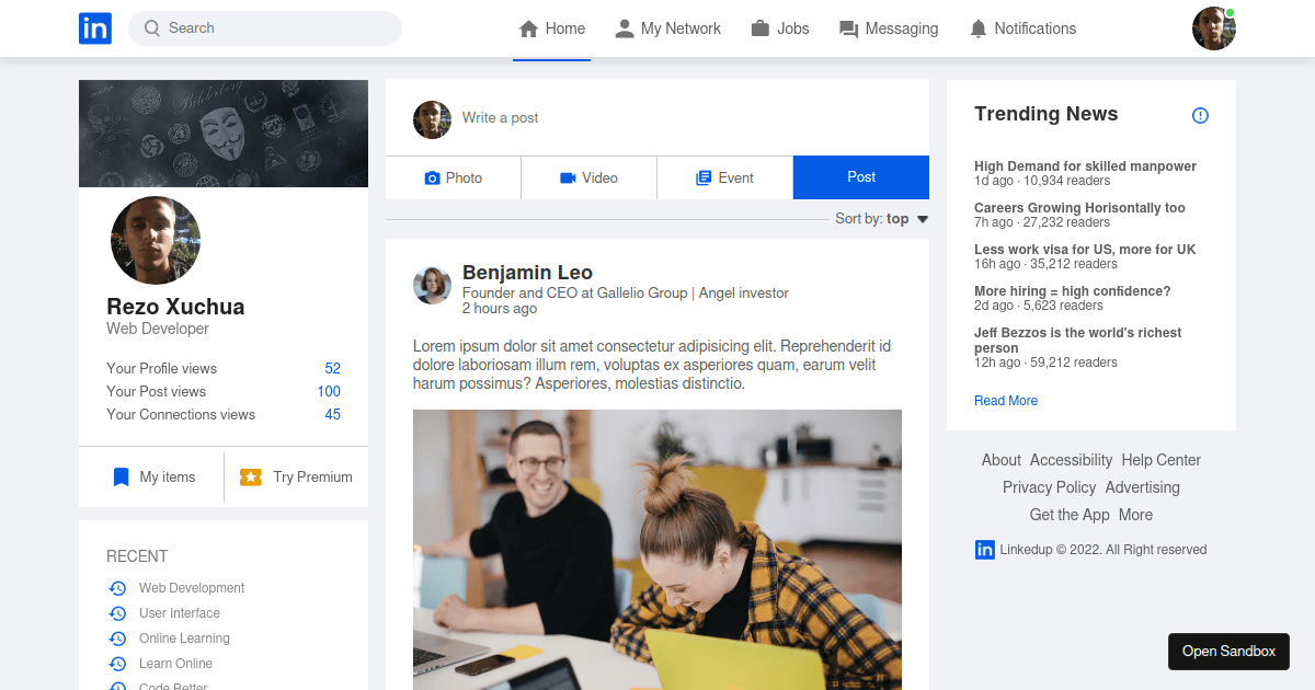 SamtredianJedi/Linkedin-Clone - Codesandbox
