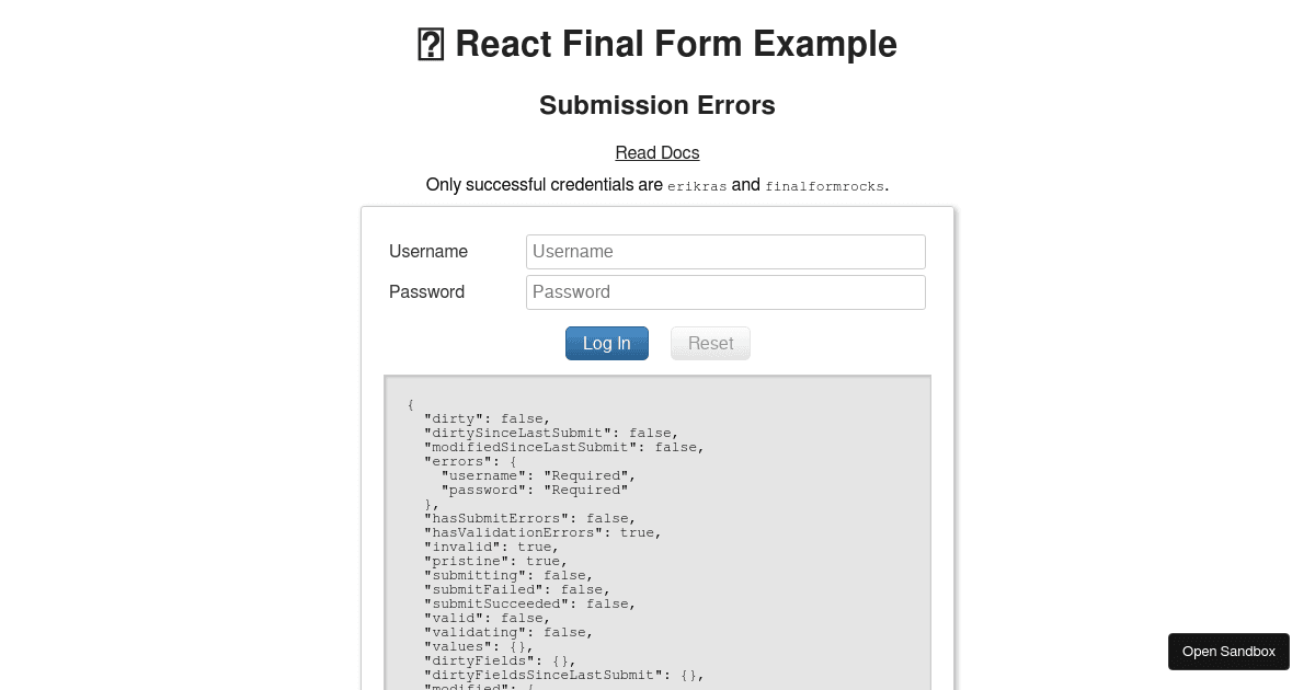 π React Final Form Submission Errors Example Forked Codesandbox