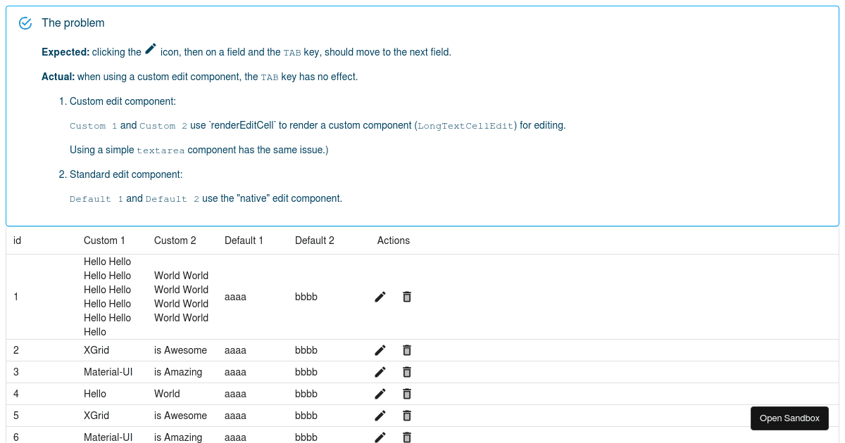 Cell tab navigation not working - Codesandbox