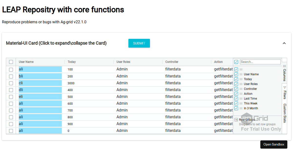 LEAP Ag-grid Repo - Codesandbox