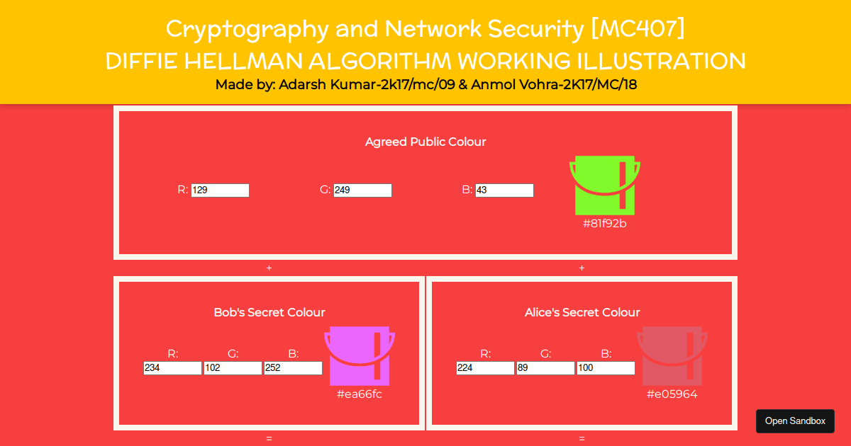 CNS PROJECT- DIFFIE HELLMAN KEY EXCHANGE ALGO - Codesandbox