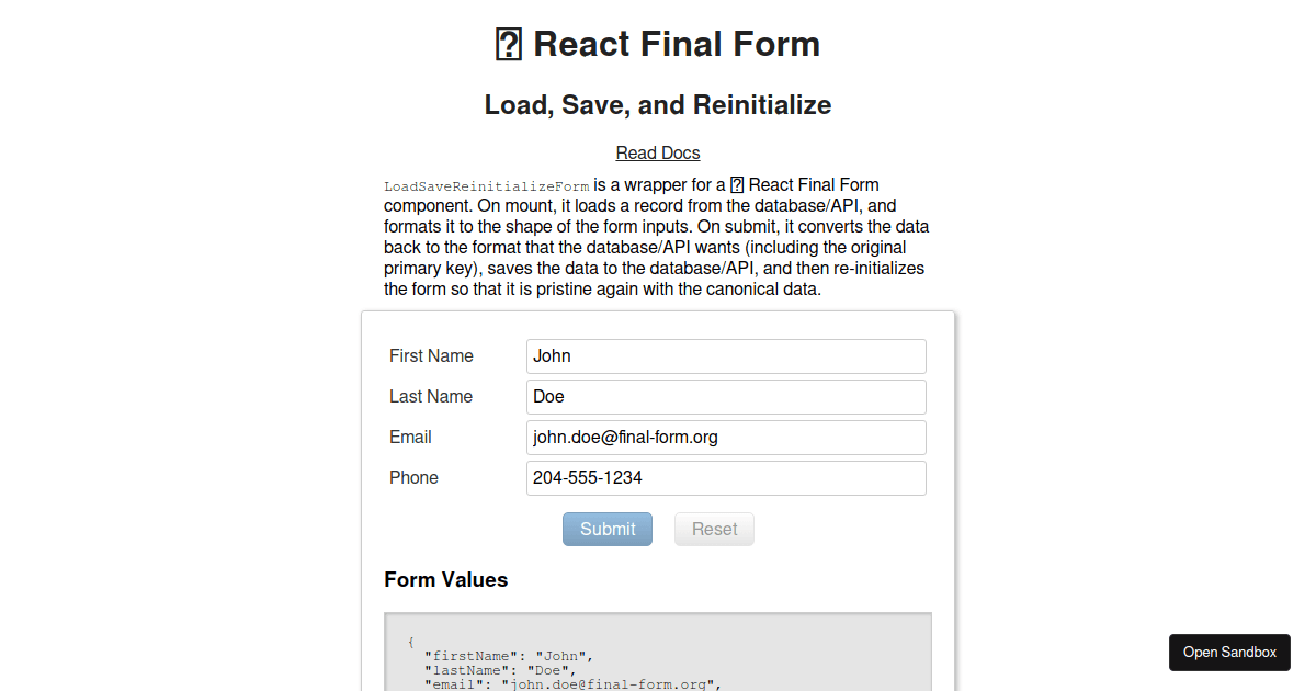 🏁React Final Form Example - Load, Save, and Reinitialize - Codesandbox
