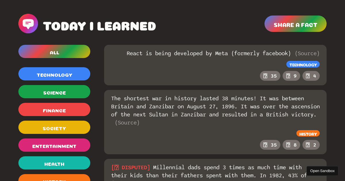 [PROJECT] - today-i-learned (daily-fact) project - Codesandbox