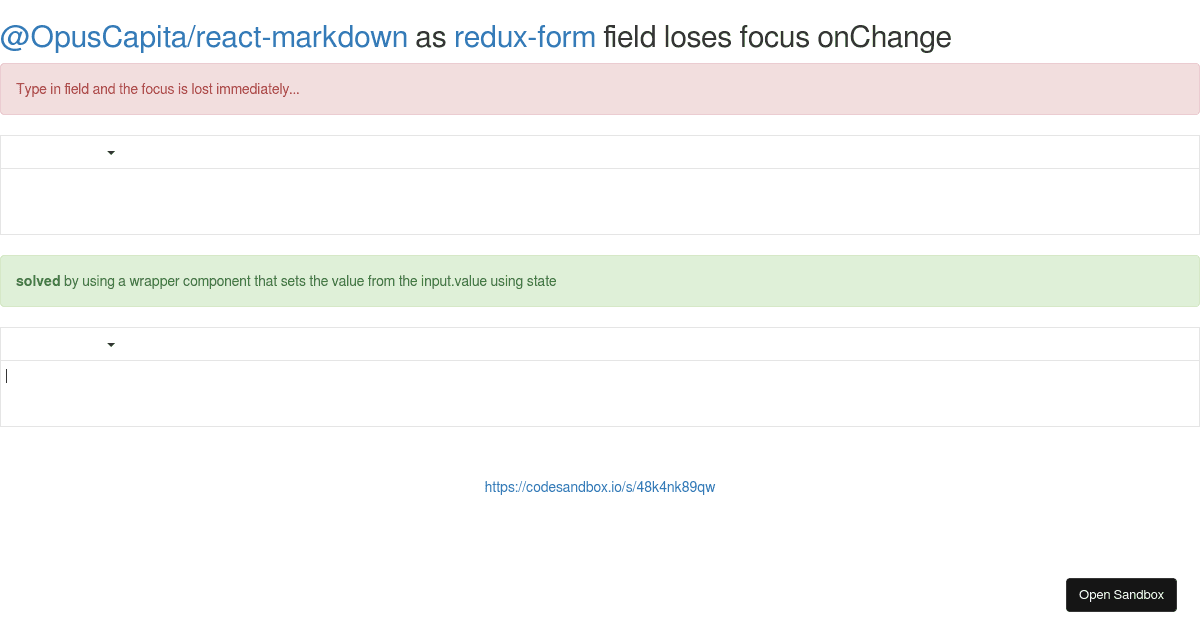 @OpusCapita/react-markdown as redux-form field loses focus onChange (forked) - Codesandbox