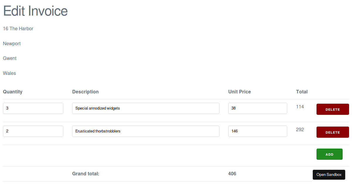 React Invoice Example Hooks Codesandbox