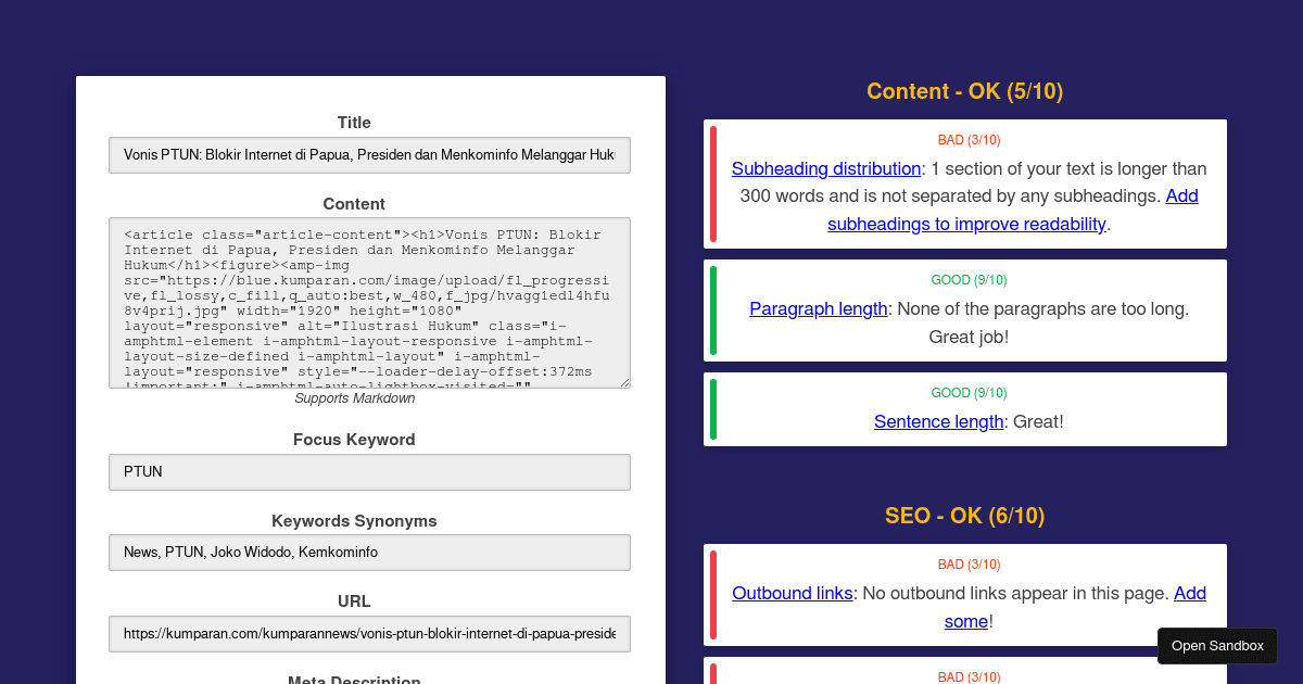 yoastseo.js react (forked) - Codesandbox