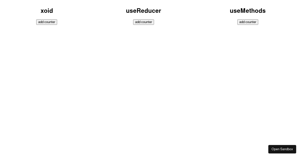 xoid-vs-usereducer-vs-usemethods-comparison - Codesandbox