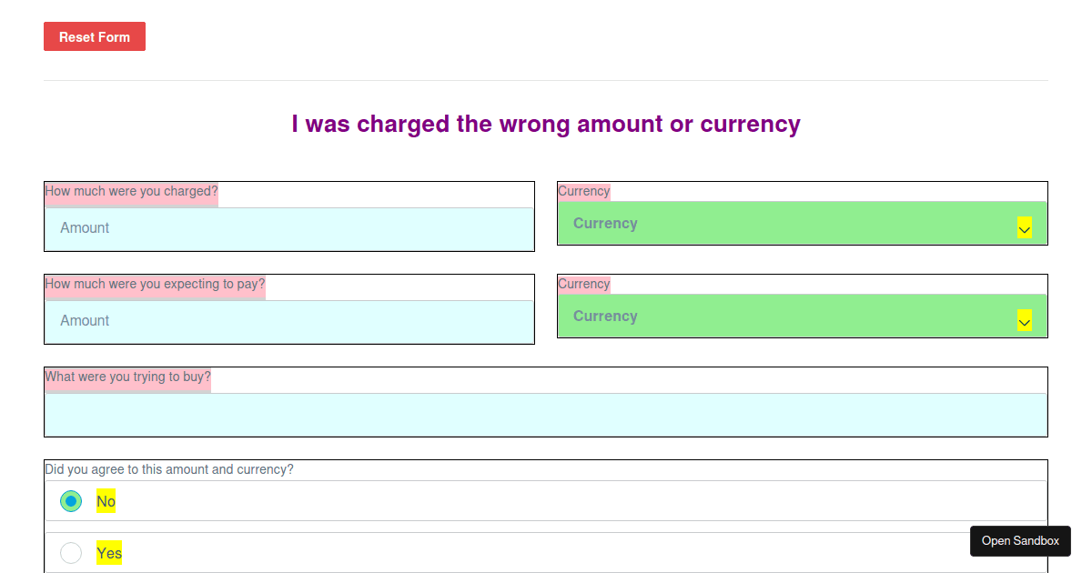Transaction Dispute with Highlighted Elements - Codesandbox