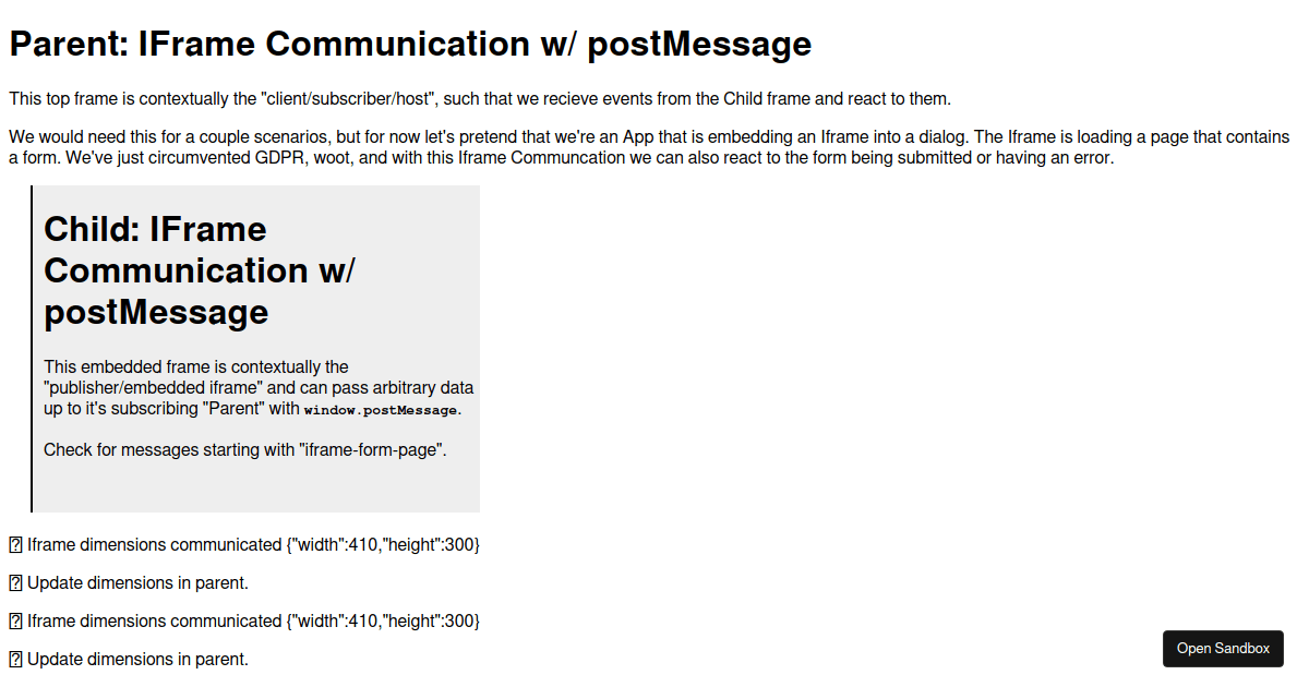 iframe comms > parent - Codesandbox
