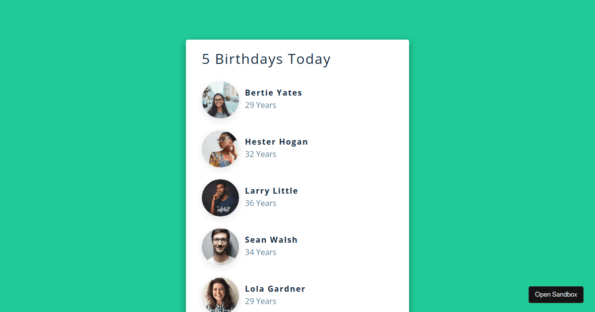 birthday reminder card in react js - Codesandbox