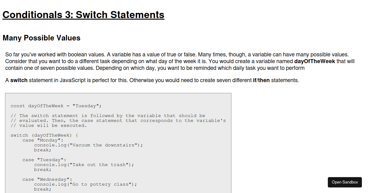 Conditionals 3: Switch Statements - Codesandbox Conditionals 3: Switch Statements - Codesandbox