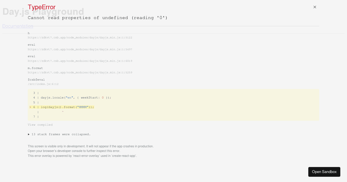 Issue Dayjs local weekStart = broken format 'MMMM' - Codesandbox Issue Dayjs local weekStart = broken format 'MMMM' - Codesandbox