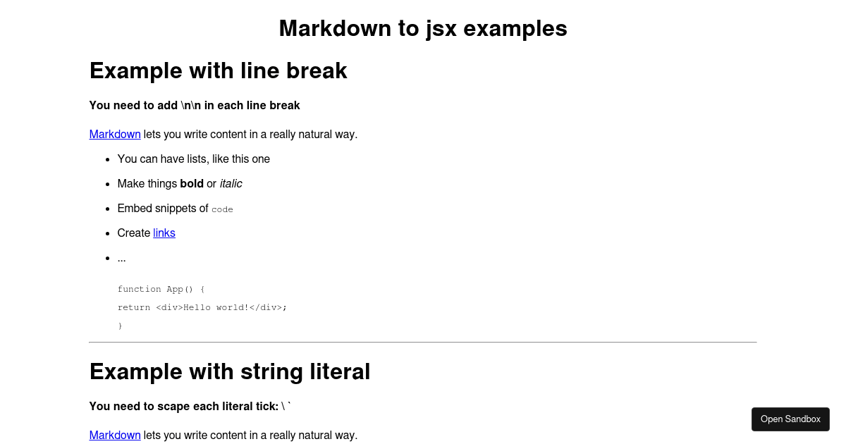 markdown to jsx examples - Codesandbox