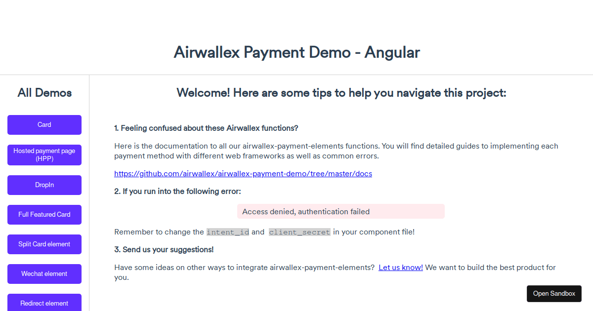 Airwallex Payment Demo - Angular - Codesandbox
