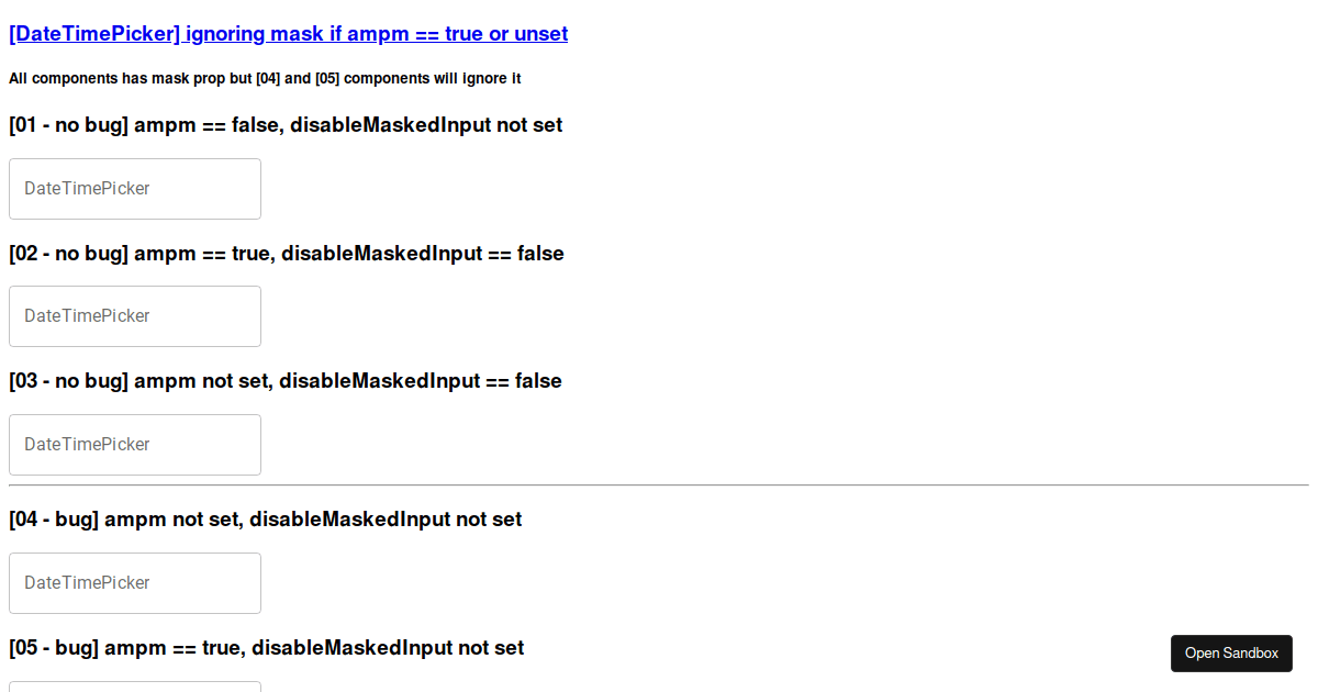[DateTimePicker] ignoring mask if ampm == true or unset - Codesandbox
