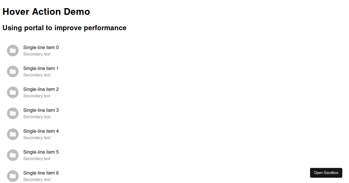 List Hover Actions Performance Codesandbox