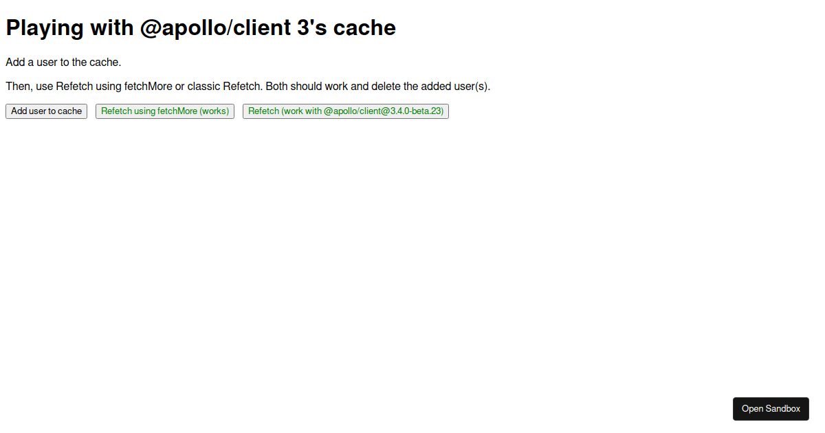 Playing with @apollo/client 3 cache (forked) - Codesandbox Playing with @apollo/client 3 cache (forked) - Codesandbox